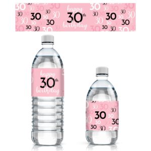 pink, black, and white 30th birthday party water bottle labels - 24 waterproof wrappers