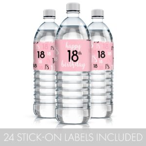 Pink, Black, and White 18th Birthday Party Water Bottle Labels - 24 Waterproof Wrappers, 18th Birthday Decorations for Girls Pink