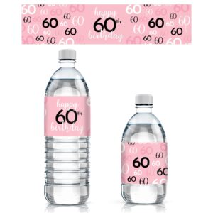 pink, black, and white 60th birthday party water bottle labels - 24 waterproof wrappers, 60th birthday decorations for women