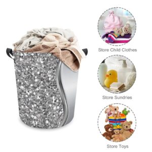 Silver Faux Glitter Glam Bling Laundry Basket Hamper Bag Dirty Clothes Storage Bin Waterproof Foldable Collapsible Toy Organizer for Office Bedroom Clothes Toys Gift Basket