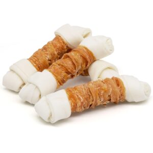 mon2sun dog treats 6.5" rawhide bones chicken wrapped knotted bones dog chews, long lasting beefhide treats for medium and large dogs, dental health and teeth cleaning