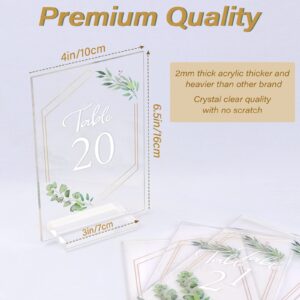 AerWo Acrylic Wedding Table Numbers 1-10 with Stands, 4x6 inches Clear Sign Place Cards with Gold Trim Green Floral Theme, Rustic Table Numbers for Wedding Reception Anniversary Baby Bridal Shower