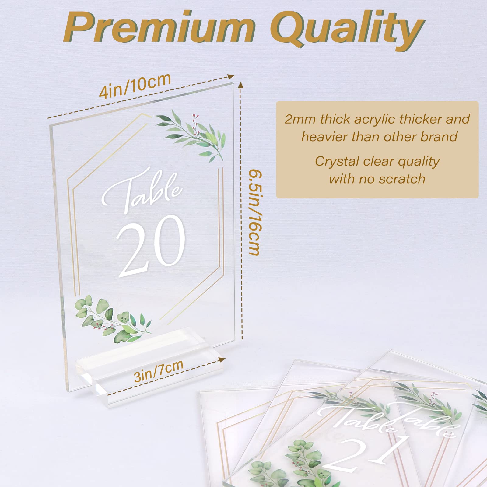 AerWo Acrylic Wedding Table Numbers 1-10 with Stands, 4x6 inches Clear Sign Place Cards with Gold Trim Green Floral Theme, Rustic Table Numbers for Wedding Reception Anniversary Baby Bridal Shower