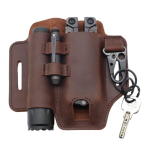 carimee multi-tools leather sheath, brown edc belt organizer with flashlight holder, pen holder, multi-tools pouch and key chain clip, multitool belt sheath for work and daily use, ideal gift for men