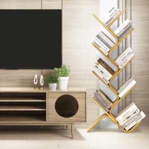 briteman 8-tier floor bamboo tree bookshelf, modern standing bookcase office book storage creative curved rack organizer shelves, book shelf space saver for home living room corner bedroom