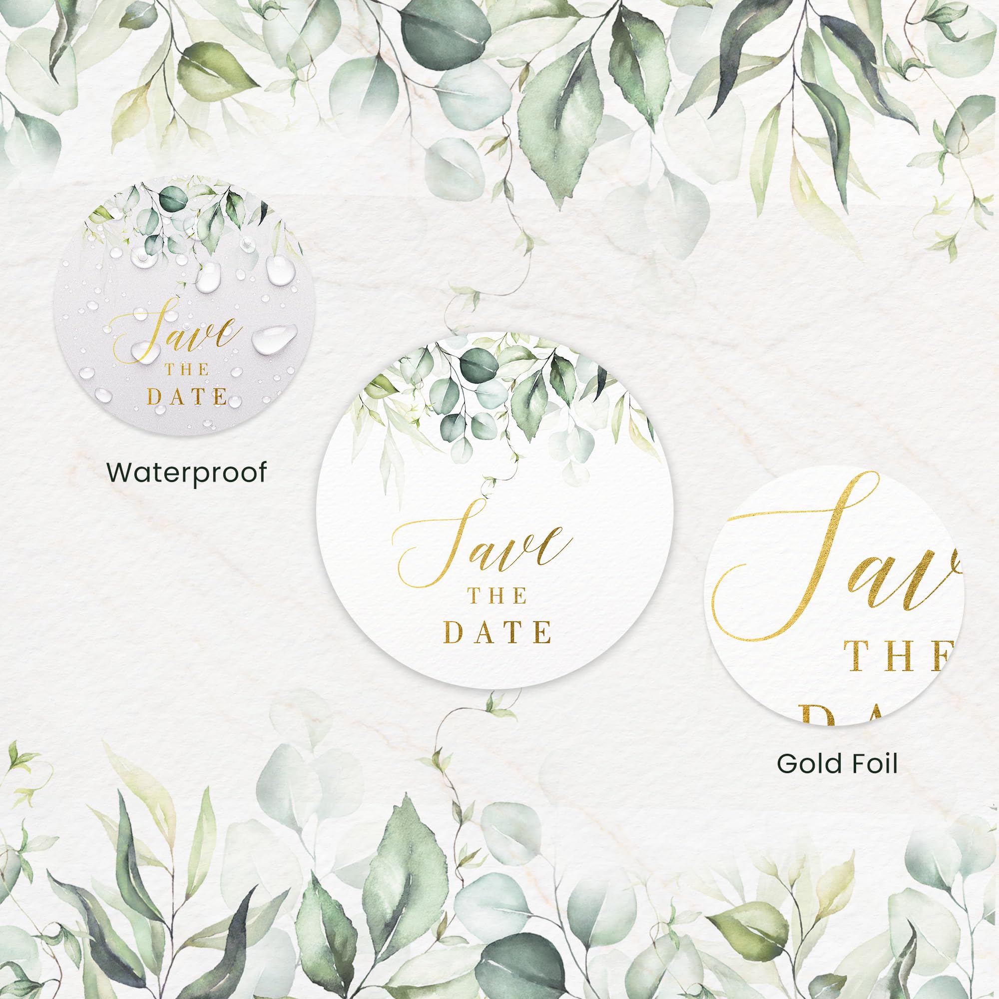 Mobiusea Creation Greenery Save The Date Stickers for Envelopes | 1.4 inch | Gold Foil | 108pcs Waterproof Invitation Stickers for Wedding, Bridal Shower, Birthday, Baby Shower