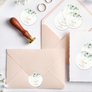 Mobiusea Creation Greenery Save The Date Stickers for Envelopes | 1.4 inch | Gold Foil | 108pcs Waterproof Invitation Stickers for Wedding, Bridal Shower, Birthday, Baby Shower