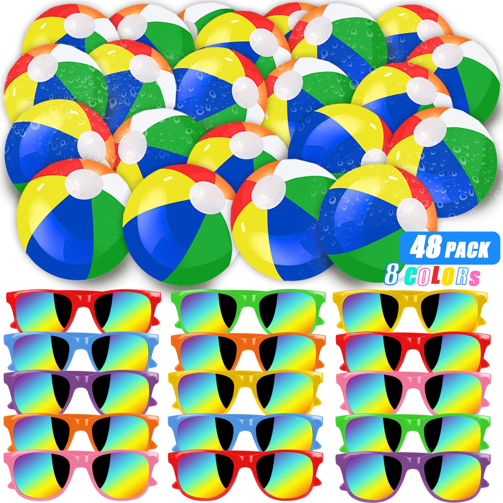 48 Pieces Summer Sunglasses Beach Balls Bulk Party Favors for Kids 24Pack Neon Sunglasses 24Pack Beach Balls Kid Boys Girls Graduation Party Supplies for Beach Day Pool Party Favors Goodie Bag Favors