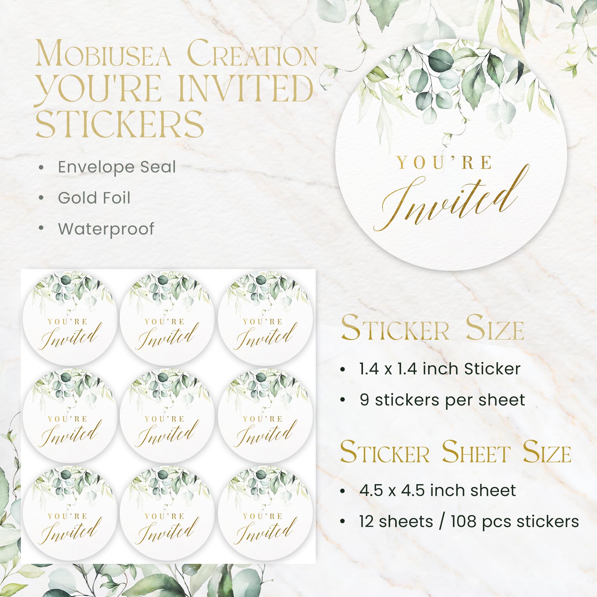 Mobiusea Creation Greenery Wedding Invitation Stickers | 1.4 inch | Gold Foil | 108pcs Waterproof Wedding Envelope Stickers for Wedding, Bridal Shower, Birthday, Baby Shower and Party