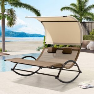 crestlive products outdoor double chaise lounge chair with canopy & wheels, 2 person patio rocking lounge chair with sun shade & headrests for garden, backyard, poolside (brown)