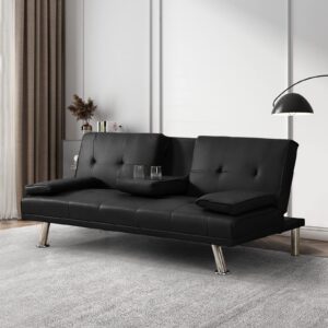 geevivo futon sofa bed, modern leather living room sofa, loveseat folding convertible sofa, couch bed sofa pull out with 2 cup holders with armrest in the middle(black)