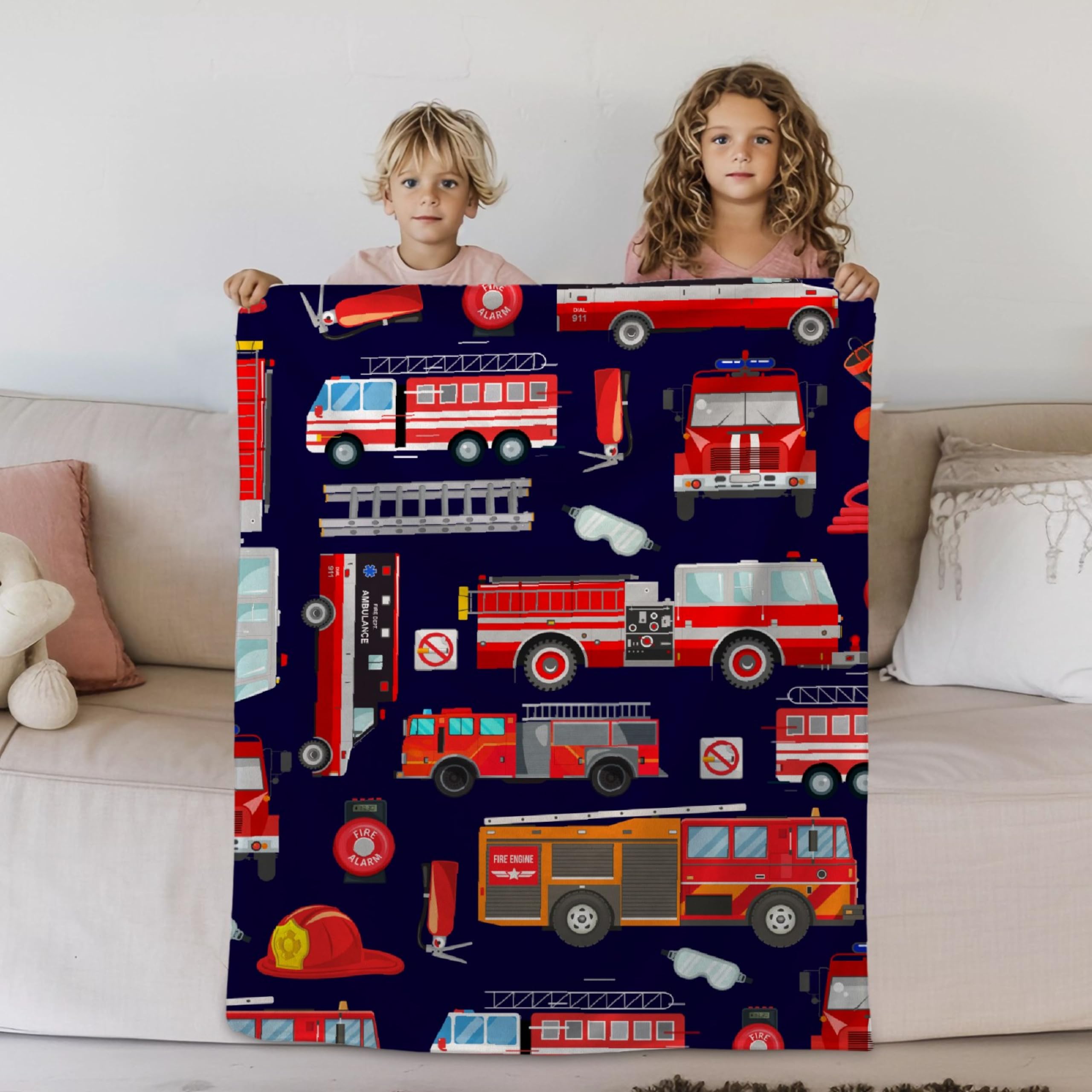 Fire Truck Blanket for Boys, Fire Truck Throw Blanket for Kids, Blue Firefighter for Teens, Soft Lightweight Flannel Truck Car Blankets for Teen Men Birthday Gifts Sofa Couch Bed Decor 40x30In