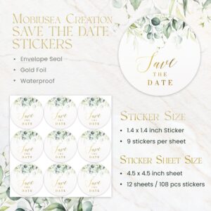 Mobiusea Creation Greenery Save The Date Stickers for Envelopes | 1.4 inch | Gold Foil | 108pcs Waterproof Invitation Stickers for Wedding, Bridal Shower, Birthday, Baby Shower