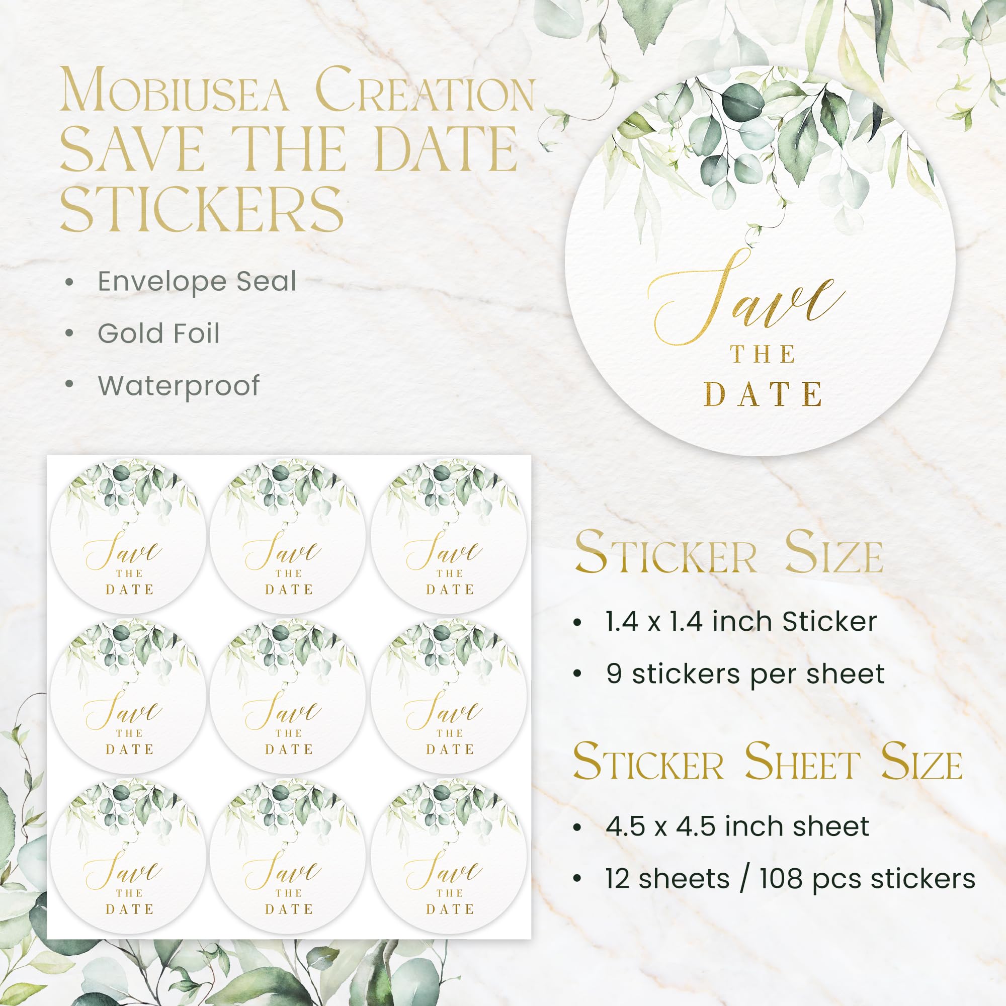 Mobiusea Creation Greenery Save The Date Stickers for Envelopes | 1.4 inch | Gold Foil | 108pcs Waterproof Invitation Stickers for Wedding, Bridal Shower, Birthday, Baby Shower