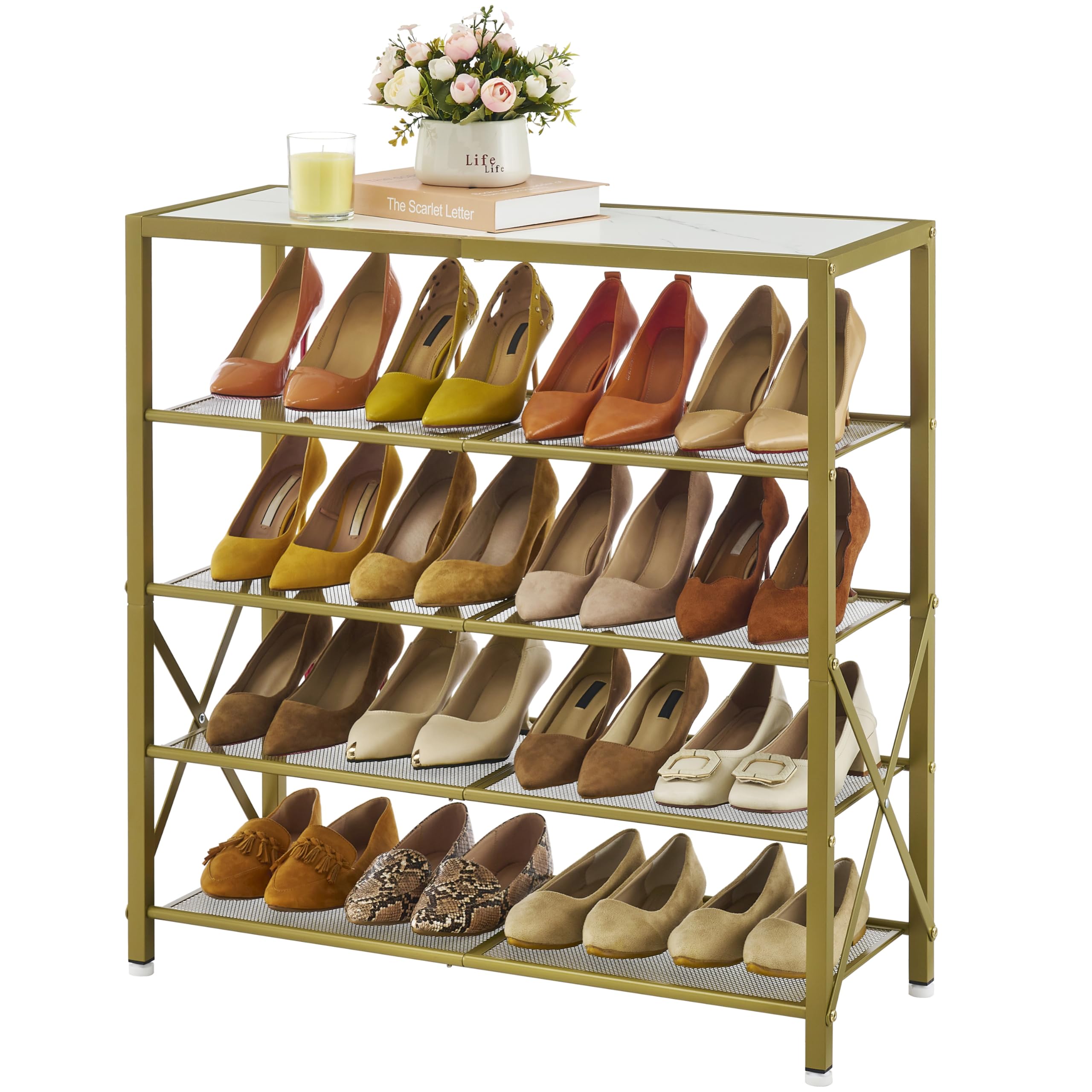 Tajsoon 5 Tier Shoe Rack Organizer for 16-20 Pairs of Shoes, Industrial Metal Mesh Shoe Rack for Closet, Entryway Shoe Storage, Shoe Shelf with X Shape Fixed Frame, White & Gold