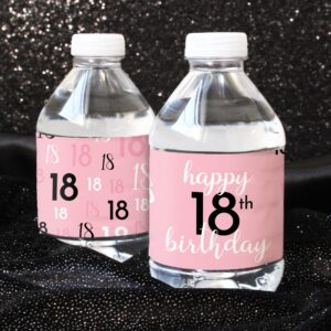 Pink, Black, and White 18th Birthday Party Water Bottle Labels - 24 Waterproof Wrappers, 18th Birthday Decorations for Girls Pink