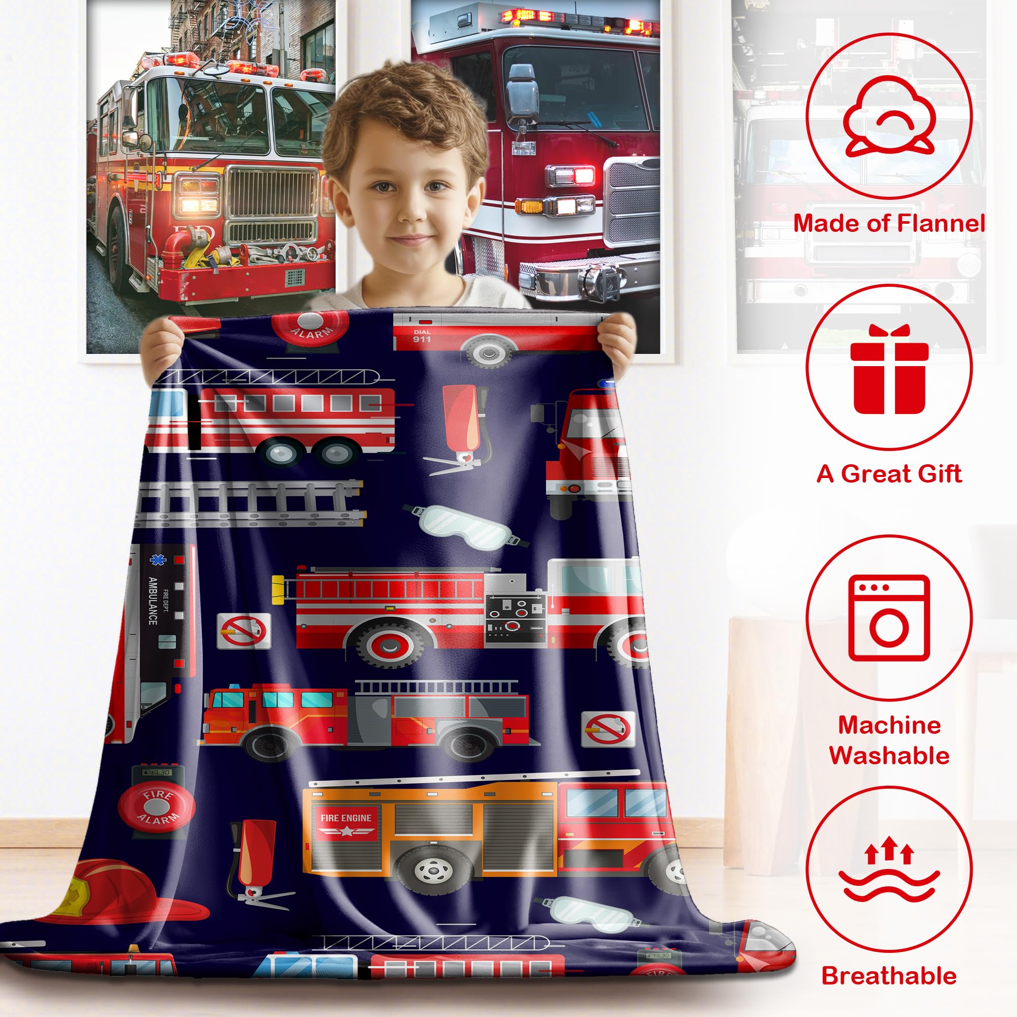 Fire Truck Blanket for Boys, Fire Truck Throw Blanket for Kids, Blue Firefighter for Teens, Soft Lightweight Flannel Truck Car Blankets for Teen Men Birthday Gifts Sofa Couch Bed Decor 40x30In