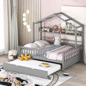 full size house bed with trundle and storage shelves, montessori bed full platform bed with roof, tent bed, solid wood playhouse bed frame for kids teens girls boys (full, gray)