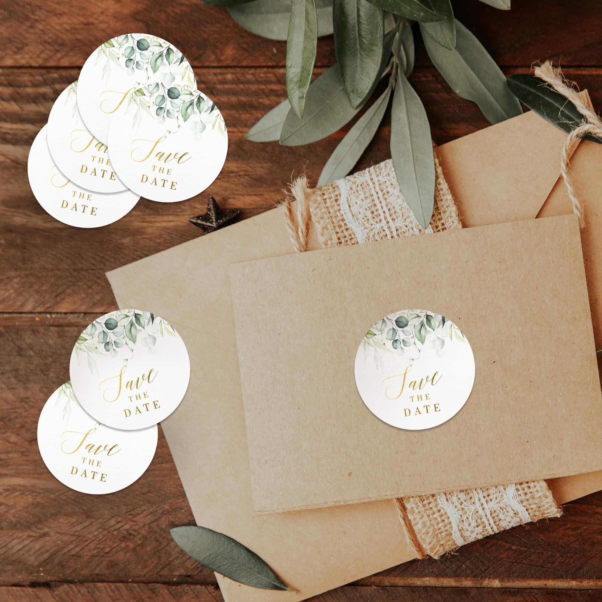 Mobiusea Creation Greenery Save The Date Stickers for Envelopes | 1.4 inch | Gold Foil | 108pcs Waterproof Invitation Stickers for Wedding, Bridal Shower, Birthday, Baby Shower