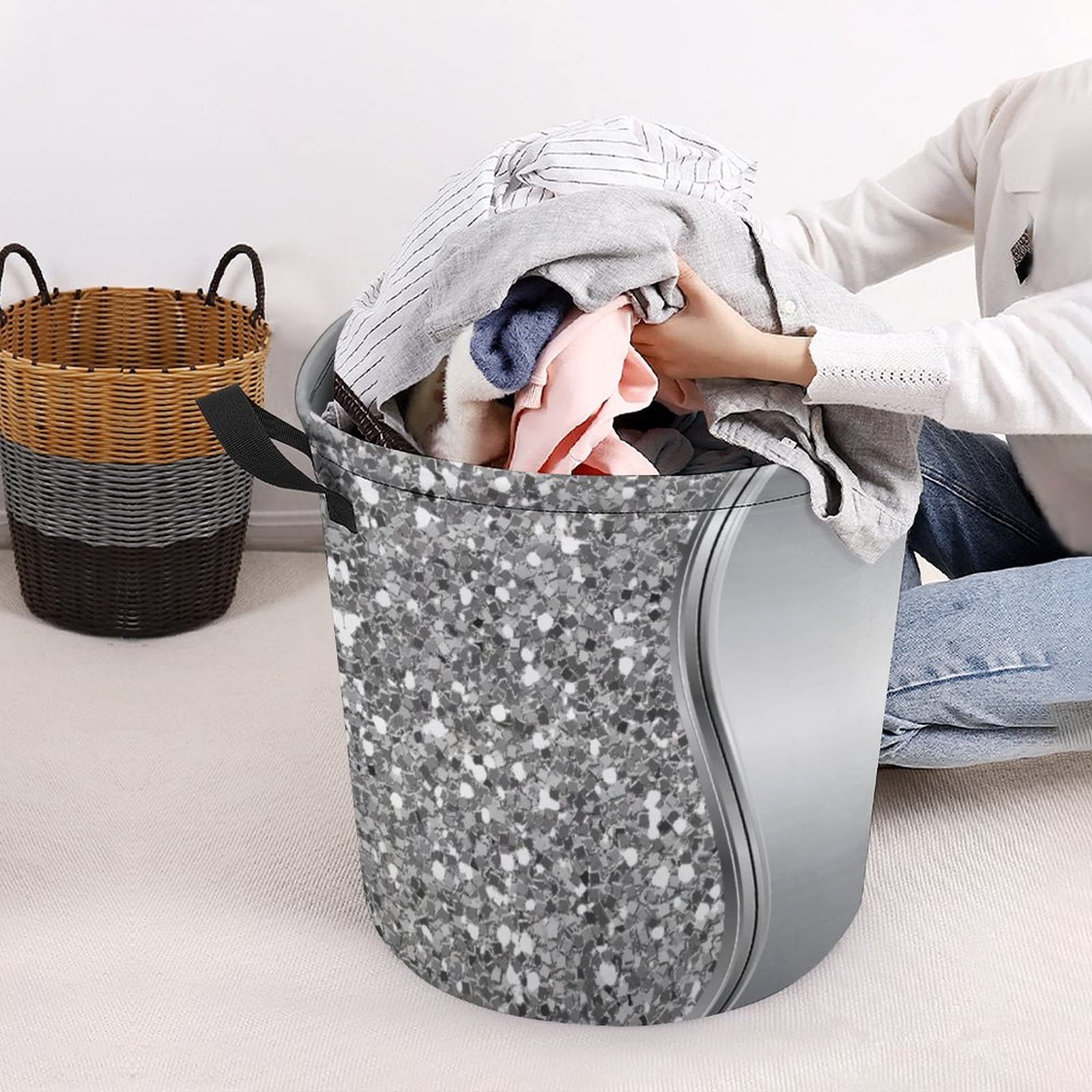 Silver Faux Glitter Glam Bling Laundry Basket Hamper Bag Dirty Clothes Storage Bin Waterproof Foldable Collapsible Toy Organizer for Office Bedroom Clothes Toys Gift Basket