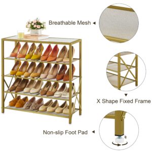 Tajsoon 5 Tier Shoe Rack Organizer for 16-20 Pairs of Shoes, Industrial Metal Mesh Shoe Rack for Closet, Entryway Shoe Storage, Shoe Shelf with X Shape Fixed Frame, White & Gold