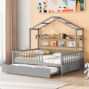 p purlove full size house bed frame with trundle,montessori bed frame for kids,kids house bed frame with shelf for,full size daybed with trundle with slat,no box spring need,gray