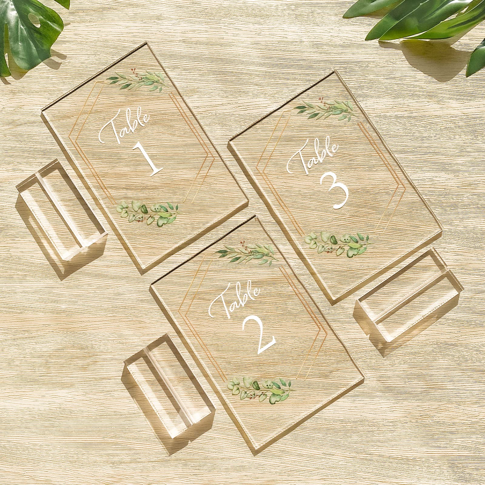 AerWo Acrylic Wedding Table Numbers 1-10 with Stands, 4x6 inches Clear Sign Place Cards with Gold Trim Green Floral Theme, Rustic Table Numbers for Wedding Reception Anniversary Baby Bridal Shower