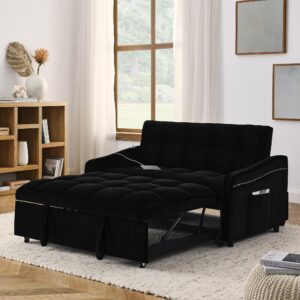 velvet upholstered loveseat sleeper sofa w/side storage pockets, 55" 2-seaters sofá with pull-out couch bed with 2 pillows & adjustable backrest for living room apartment office compact space, black