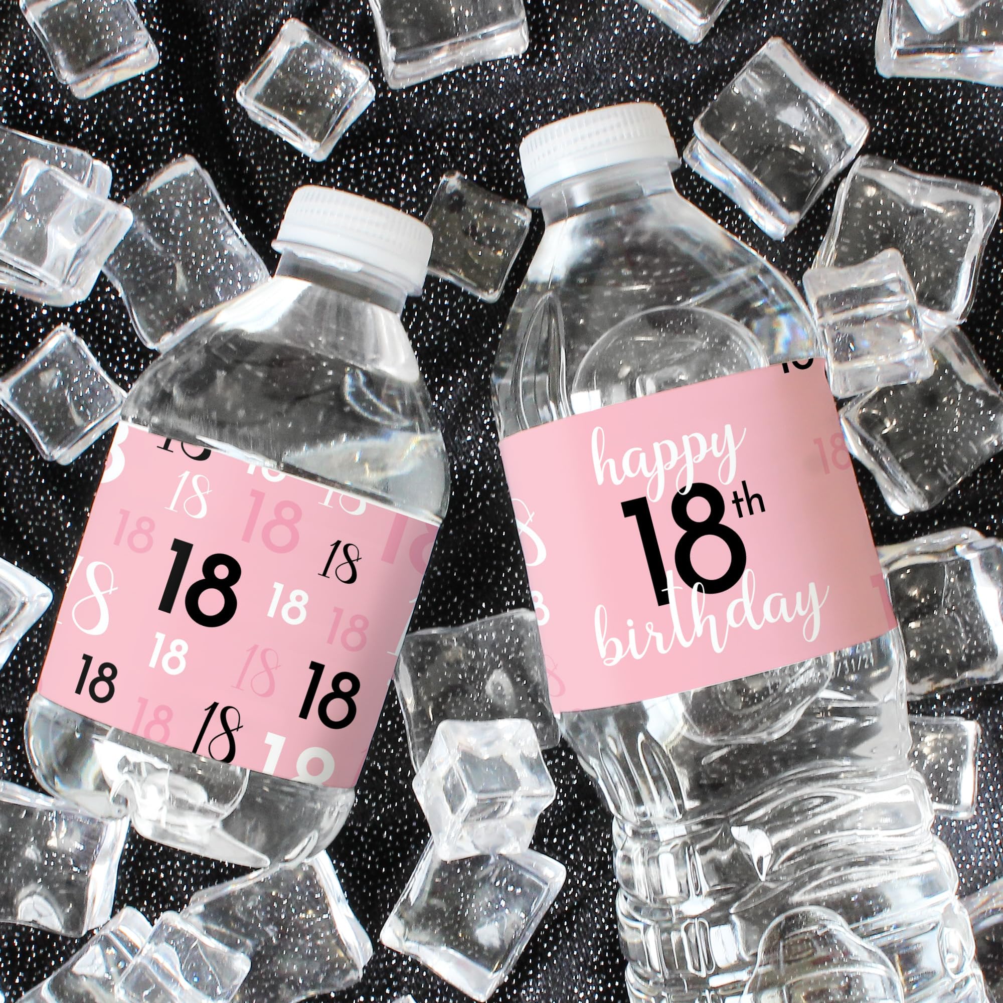 Pink, Black, and White 18th Birthday Party Water Bottle Labels - 24 Waterproof Wrappers, 18th Birthday Decorations for Girls Pink