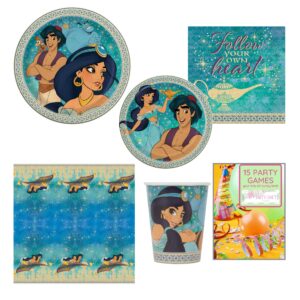 aladdin birthday party supplies tableware set, serves 8 guests, includes plates, napkins, cups, tablecover and exclusive party games booklet by party craft creations