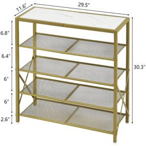 Tajsoon 5 Tier Shoe Rack Organizer for 16-20 Pairs of Shoes, Industrial Metal Mesh Shoe Rack for Closet, Entryway Shoe Storage, Shoe Shelf with X Shape Fixed Frame, White & Gold