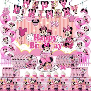 minnie birthday party supplies, minnie birthday party balloon decorations theme, include happy birthday banner, hanging swirl, backdrop, cake & cupcake topper, tablecloth, birthday party for kids