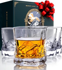 edelweisspeak unique everest bourbon glasses set of 4 in gift box - mountains theme - heavy freezable 8 oz old fashioned whiskey glasses set of 4 - scotch glass set 4 - whiskey gifts for men