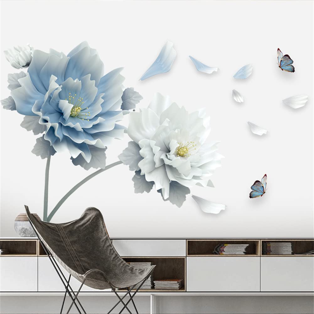 Blue Flower Wall Decals Stickers,Peel and Stick Flower Wall Sticker DIY Floral Wall Art for Bedroom Living Room Classroom Office (2 Blue Peony Flowers)