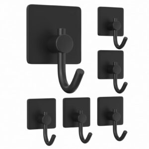 self adhesive hooks,heavy duty stick on wall and door hooks for hanging,bathroom towel hooks and kitchen hallway sticky black hooks,coat hooks robe hook wall mounted, stainless rustproof, 6 pack