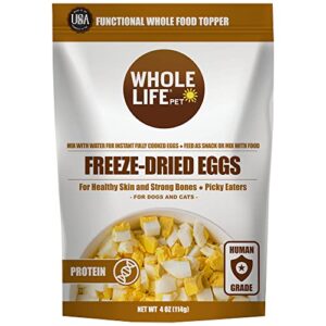 whole life pet freeze dried diced eggs for dogs and cats. fully cooked just add water. healthy skin, strong bones, picky eaters. human grade quality