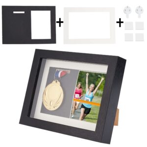 olycraft medal display shadow box 6.9x7.2x9 inch black medal display case natural wood photo frames with clear window for military medals, beach tags, jewelry pins, pin enthusiast collectibles