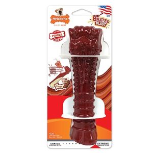 nylabone power chew basted blast dual flavored dog chew toys for aggressive chewers - durable dog bones with 2 layers of flavor - bacon and steak flavor, x-large/souper (1 count)