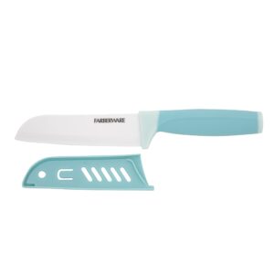 farberware ceramic 5- inch santoku knife with custom-fit blade cover, razor-sharp kitchen knife with ergonomic, soft-grip handle, dishwasher-safe, 5-inch, aqua