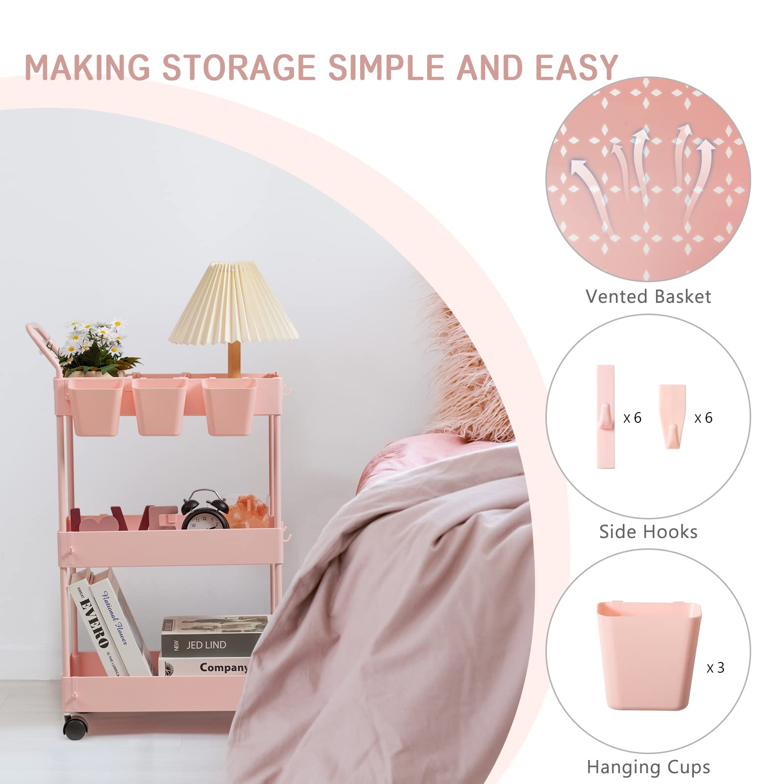 danpinera Slim Storage Cart, 3 Tier Narrow Rolling Cart on Wheels Bathroom Organizer Cart with Dividers Handle Hanging Cups Hooks for Laundry Room Kitchen Small Spaces, Pink