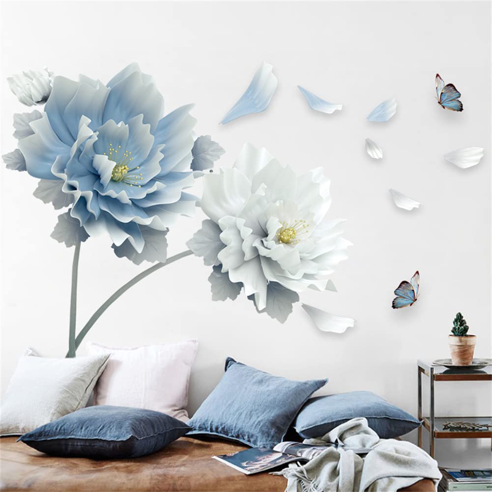 Blue Flower Wall Decals Stickers,Peel and Stick Flower Wall Sticker DIY Floral Wall Art for Bedroom Living Room Classroom Office (2 Blue Peony Flowers)