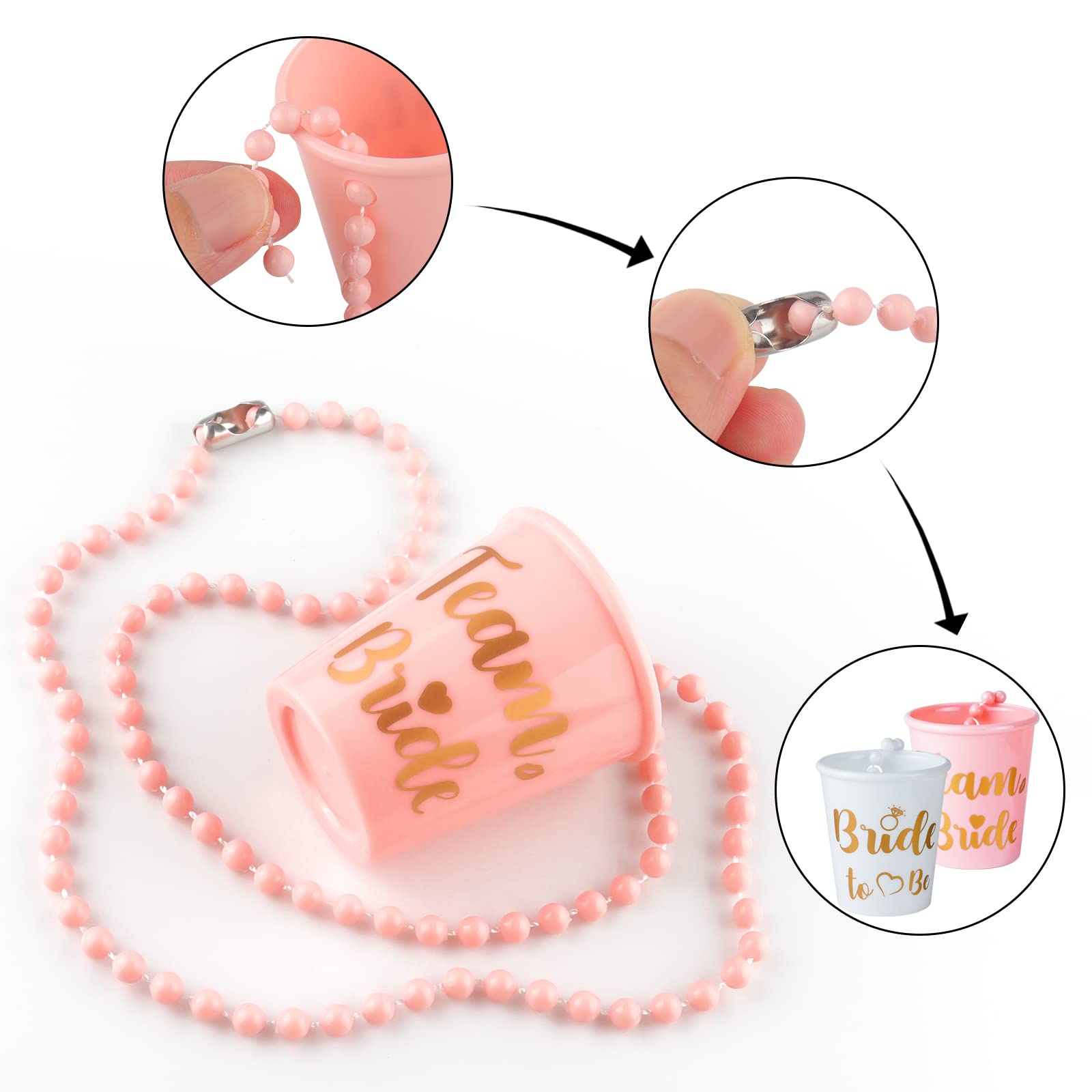 MGupzao Bachelorette Party Favors Shot Glass Necklace 8Pcs Bride to Be and Team Bride Cup Necklace with Plastic Beads for Bridal Shower Engagement Party Pink and White