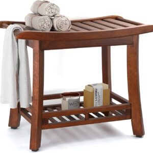 RANDEFURN 24“ Teak Shower Bench with Shelf,Teak Wood Shower Stool,Waterproof Wood Shower Chair for Elderly,2-Tier Wooden Shower Seat Spa Stool for Indoor and Outdoor Use.(24 x 13.4 x 18.3in, Brown)