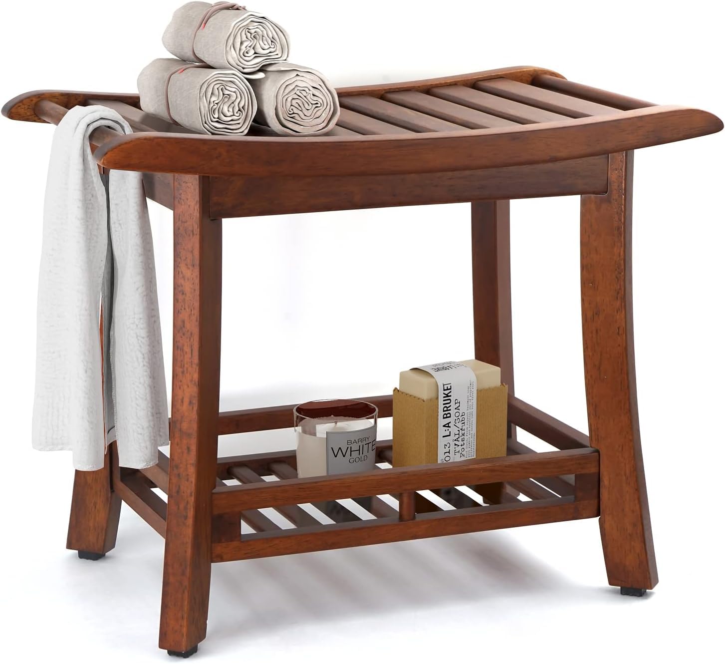 RANDEFURN 24“ Teak Shower Bench with Shelf,Teak Wood Shower Stool,Waterproof Wood Shower Chair for Elderly,2-Tier Wooden Shower Seat Spa Stool for Indoor and Outdoor Use.(24 x 13.4 x 18.3in, Brown)