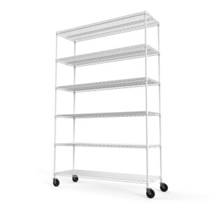 6 tier 6000lbs capacity nsf metal shelf wire shelving unit, heavy duty adjustable storage rack with wheels & shelf liners for commercial grade utility steel storage rack, white - 82"h x 48"l x 18"d