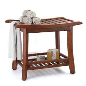 randefurn 24“ teak shower bench with shelf,teak wood shower stool,waterproof wood shower chair for elderly,2-tier wooden shower seat spa stool for indoor and outdoor use.(24 x 13.4 x 18.3in, brown)