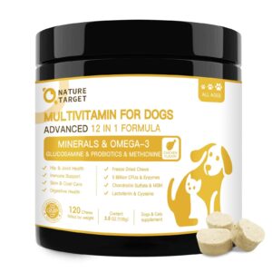 dog vitamins for overall health with minerals, multivitamins for dogs for immune support, digestive health, joint, hip, skin and coat care with probiotics, glucosamine, enzymes, 120 freeze dried chews