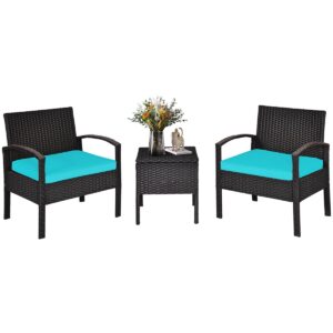 dortala 3 piece wicker patio furniture set, outdoor conversation bistro sets with rattan chairs & storage table for backyard porch garden poolside, turquoise