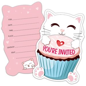 rzhv 15 pack white cat and meow cupcake shaped fill-in invitations cards with envelopes for boys & girls adults, funny baby shower birthday party bridal shower wedding party invite, party supplies