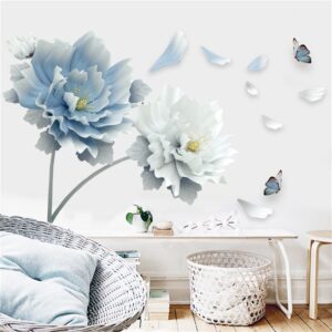 Blue Flower Wall Decals Stickers,Peel and Stick Flower Wall Sticker DIY Floral Wall Art for Bedroom Living Room Classroom Office (2 Blue Peony Flowers)